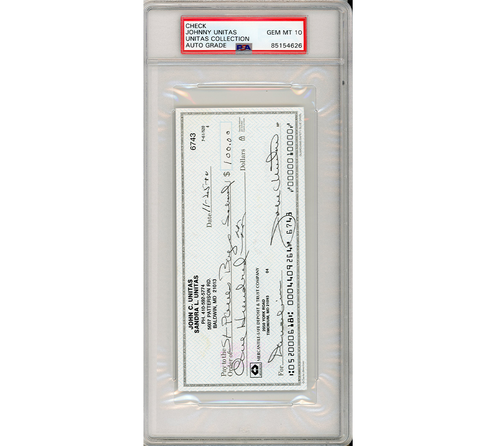 Johnny Unitas Signed Mint 10 Graded Encapsulated Check – #6743 – Radtke Sports