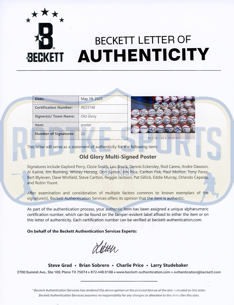 Orlando Cepeda, Robin Yount and Jim Rice Signed Unframed “Old Glory ...
