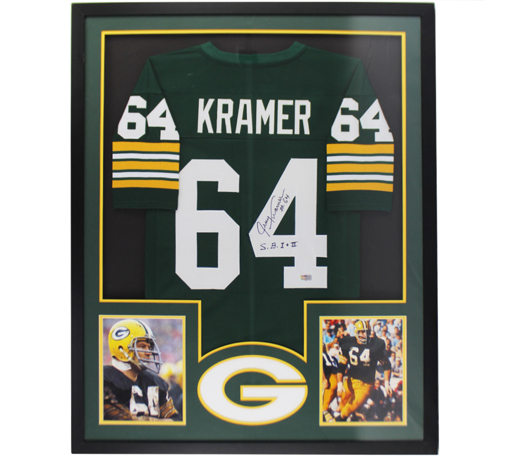 Jerry Kramer Signed Green Bay Large Framed Green Jersey with S.B. I ...